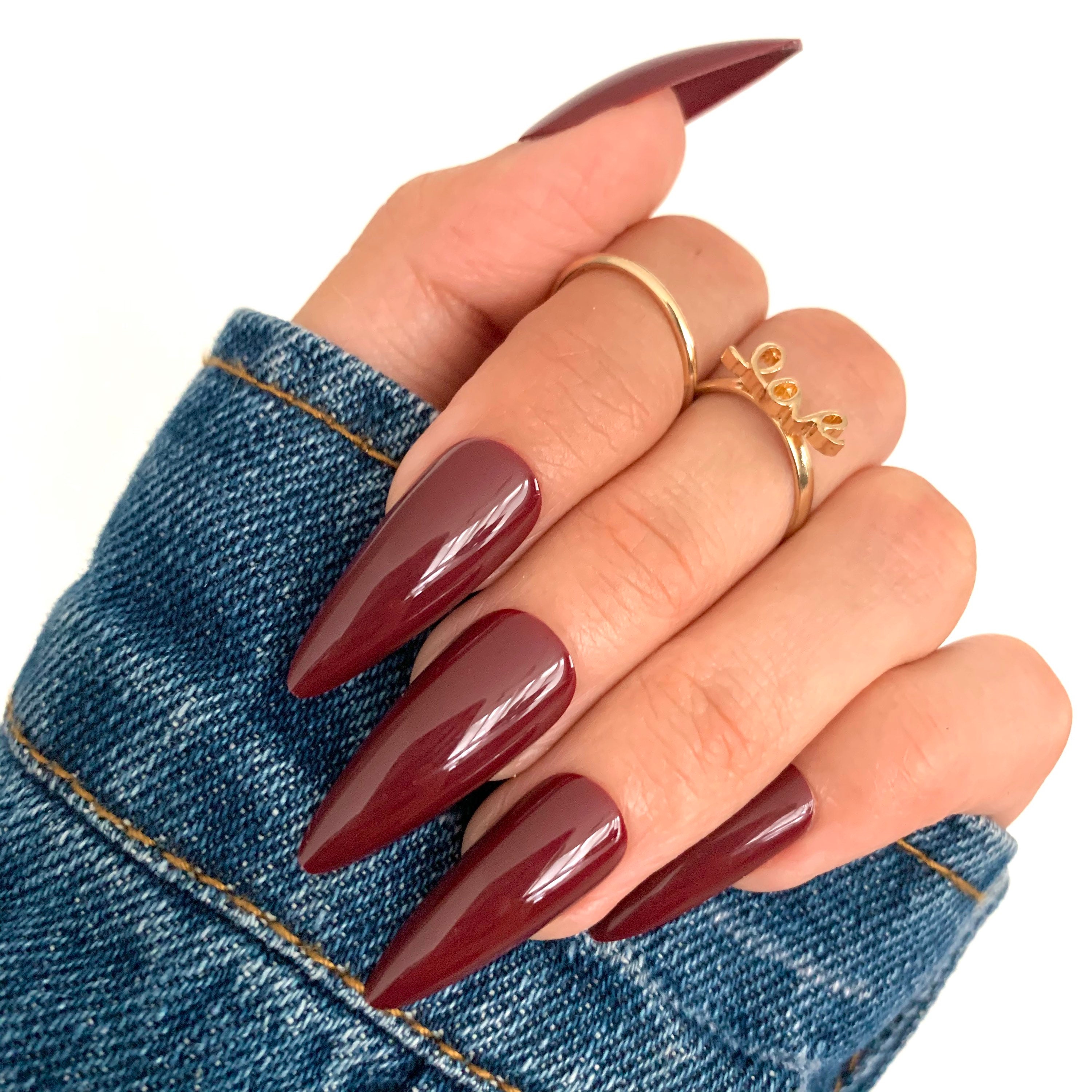Maroon Medium Stiletto Glossy Press On Nails Fake False 24 Pc Etsy