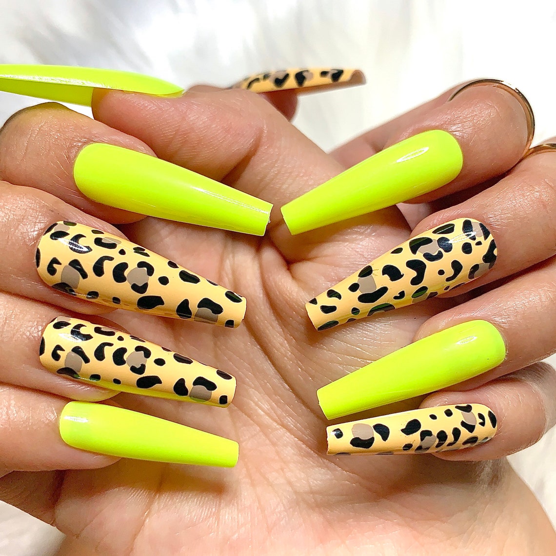 Neon Green Leopard Long Coffin Press on Nails 20 Pc Nail Set | Etsy
