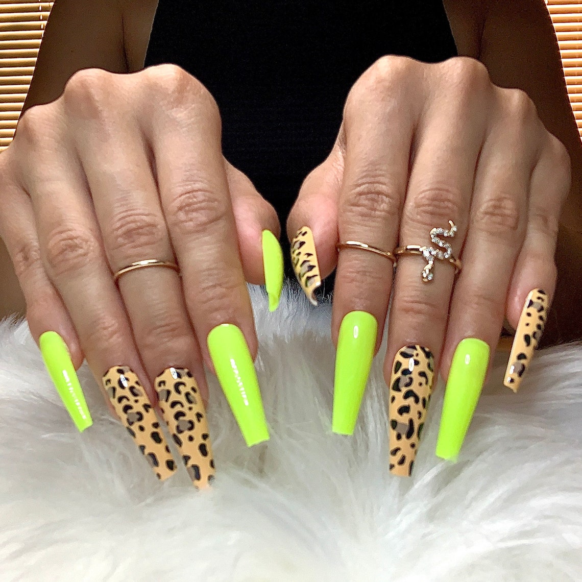 Neon Green Leopard Long Coffin Press on Nails 20 Pc Nail Set | Etsy