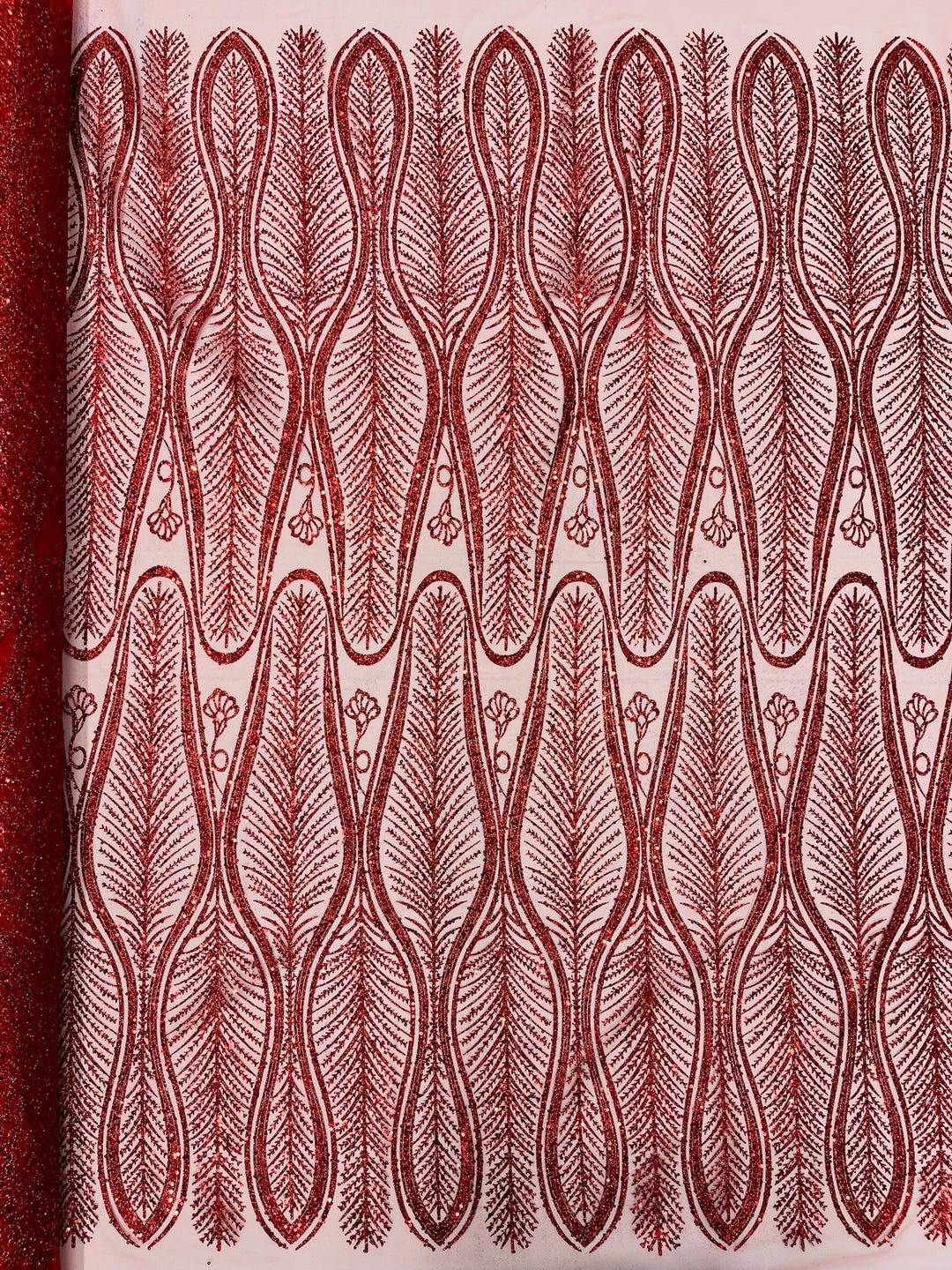 Red Feather Glitter Damask Design on A Mesh Lace Fabric. - Etsy