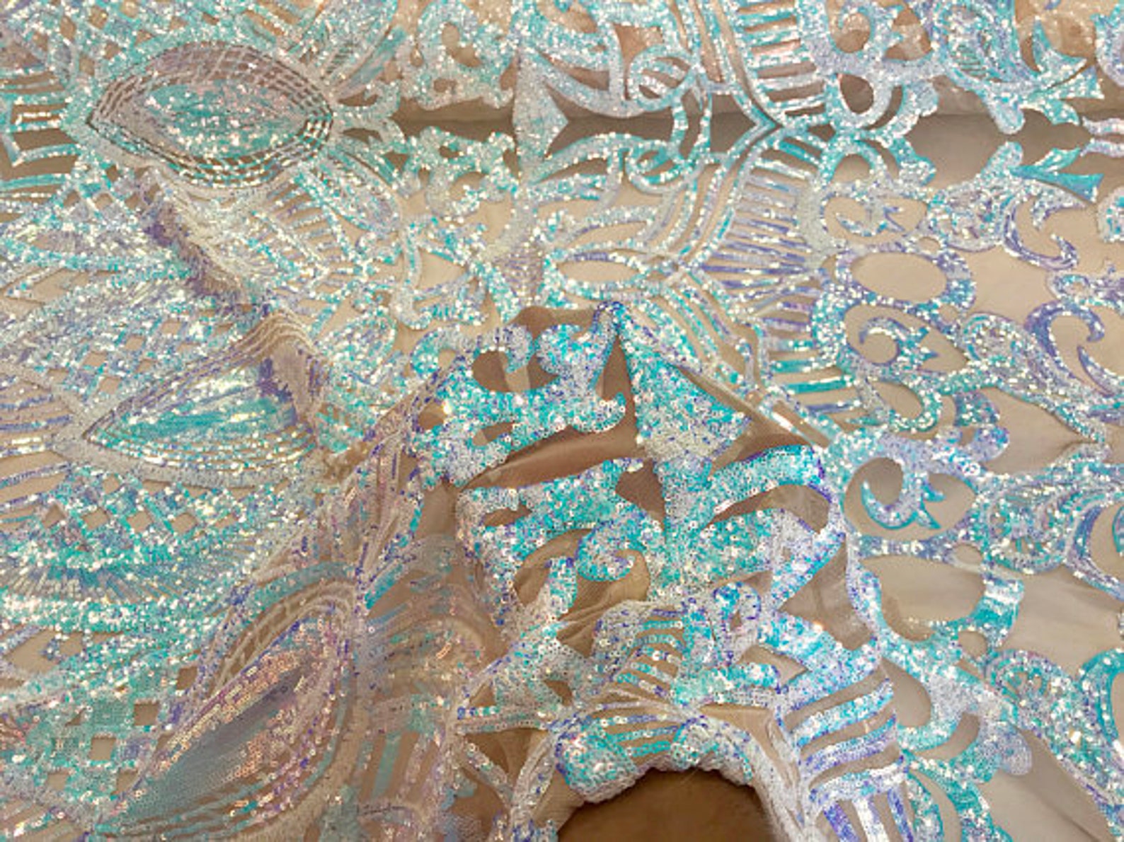 Geometric Pearl Sequins on Power Mesh Fabric Iridescent by the Yard ...
