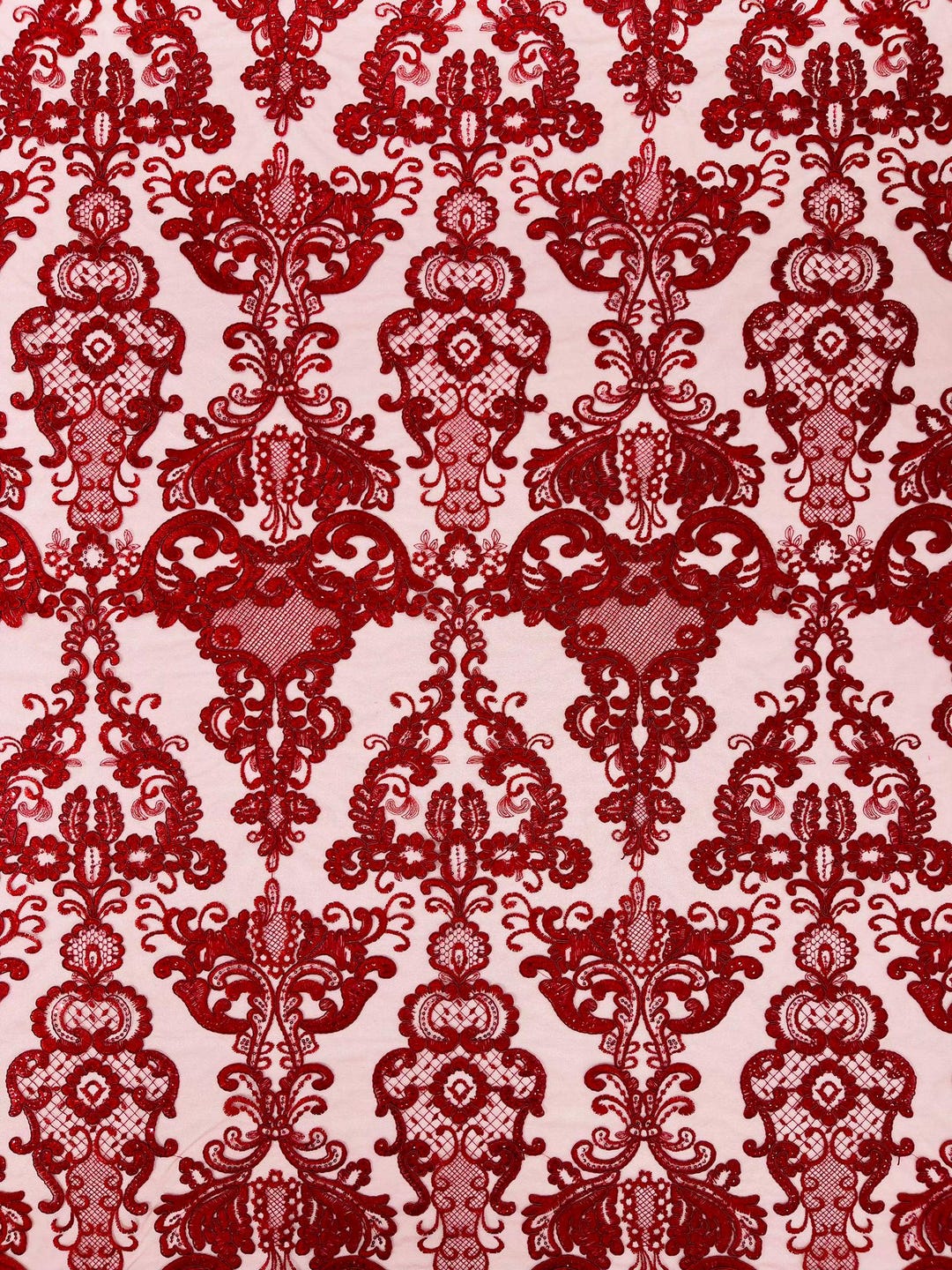 Damask Embroidery Design With Sequins on A Mesh Lace Fabric. Burgundy ...