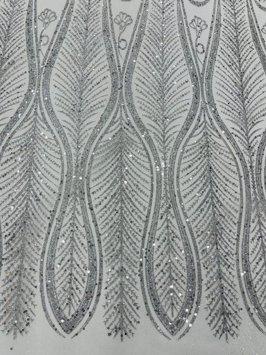 Silver Feather Glitter Damask Design on A Mesh Lace Fabric. - Etsy