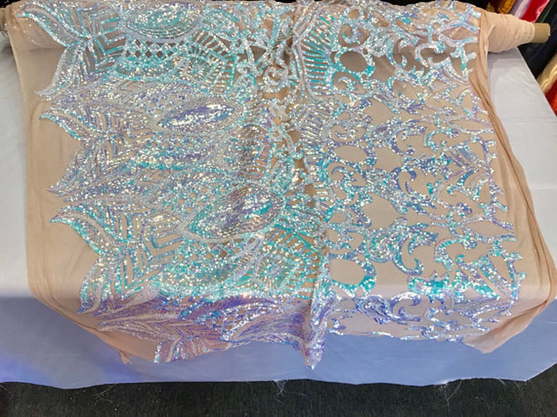 Geometric Pearl Sequins on Power Mesh Fabric Iridescent by the Yard ...
