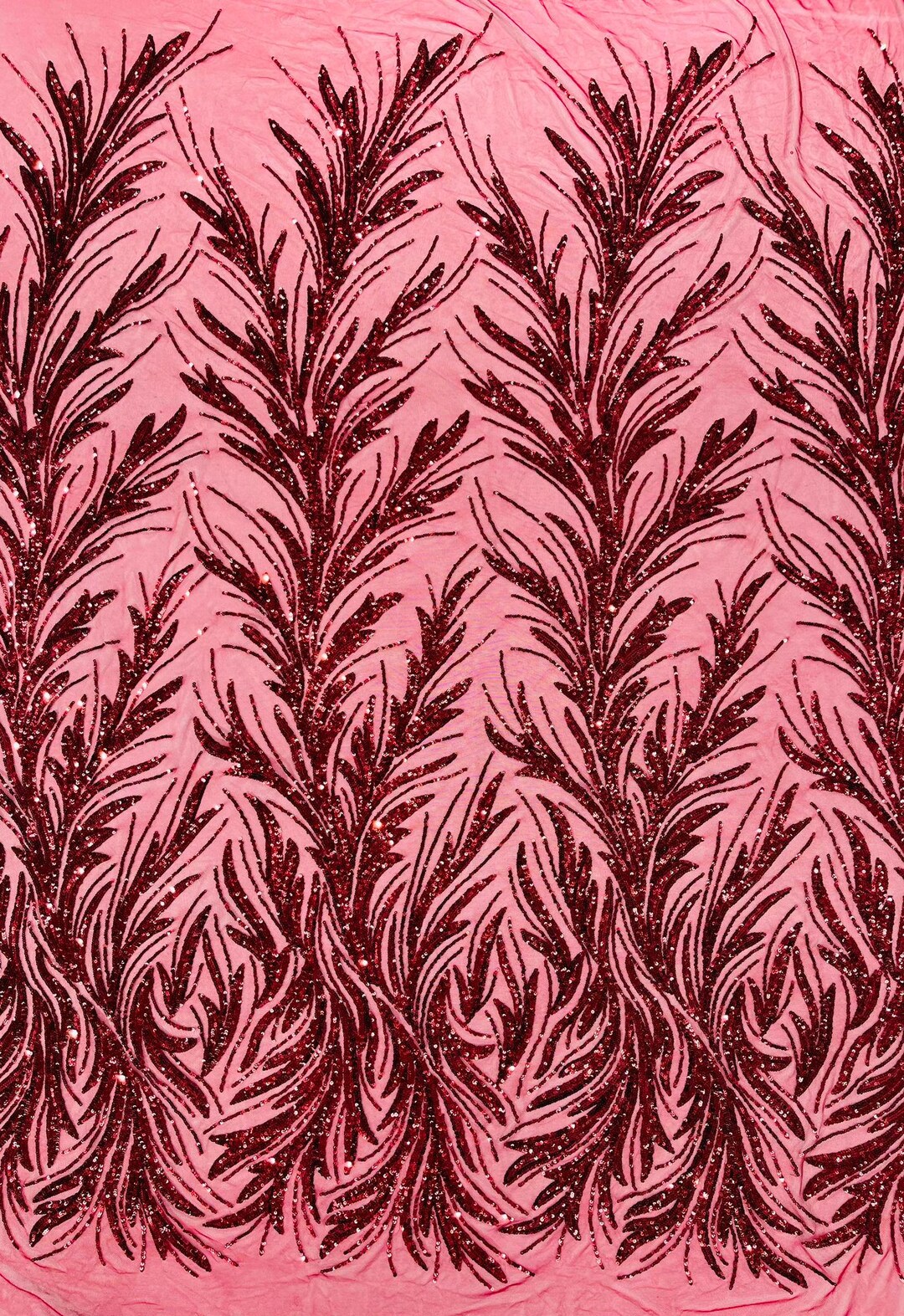 Burgundy Feather Damask Shiny Sequin Design on a 4 Way Stretch Mesh ...