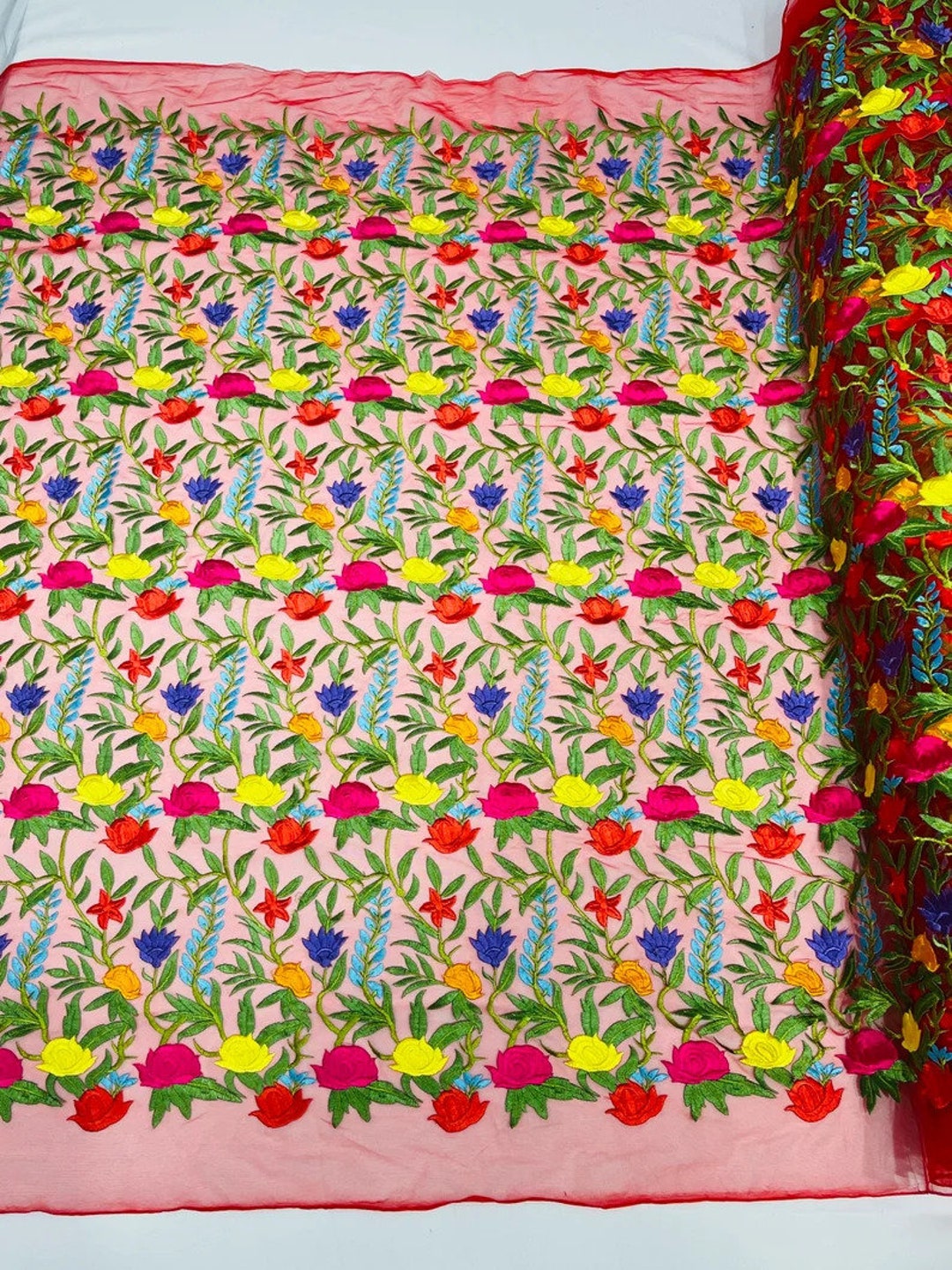 Multi Color Mexican Sarape Floral Design Embroider on a Red Mesh Lace ...
