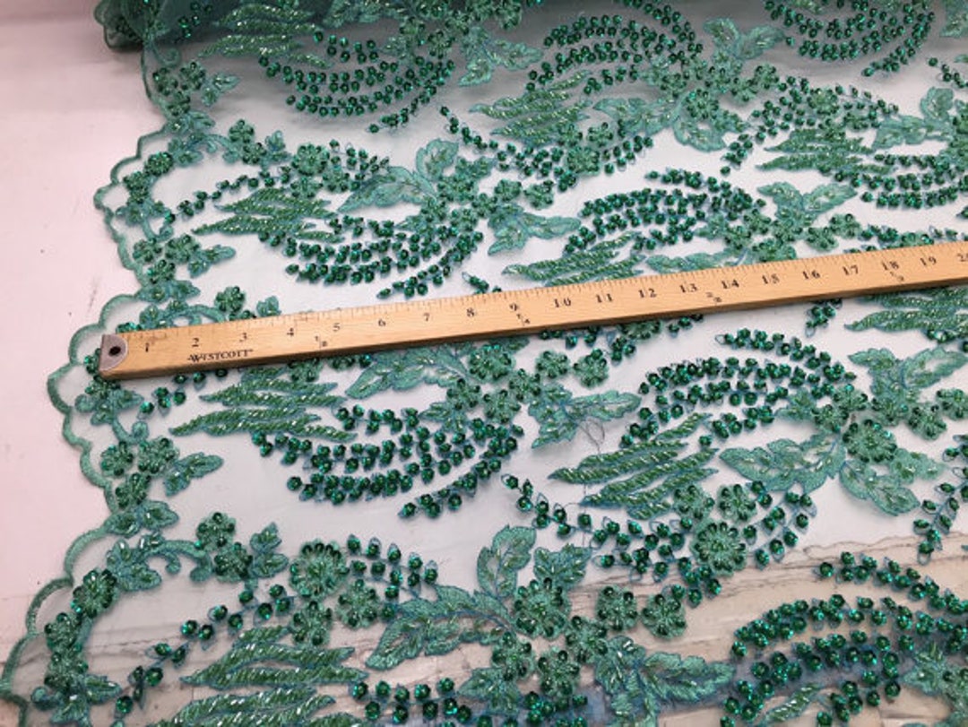 Green French Design Embroider and Hand Beaded on a Mesh Lace. Wedding ...