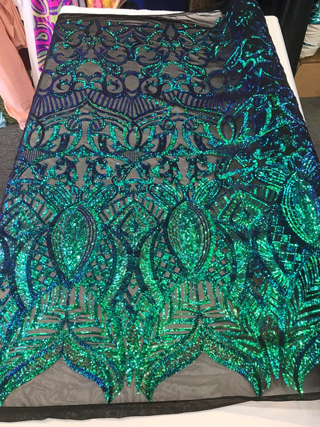Geometric Pearl Sequins on Power Mesh Fabric Iridescent by the Yard ...