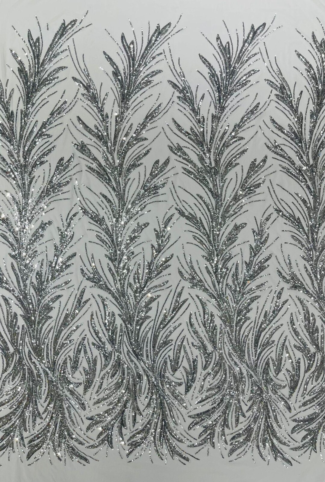 Silver on White Feather Damask Shiny Sequin Design on a 4 Way Stretch ...