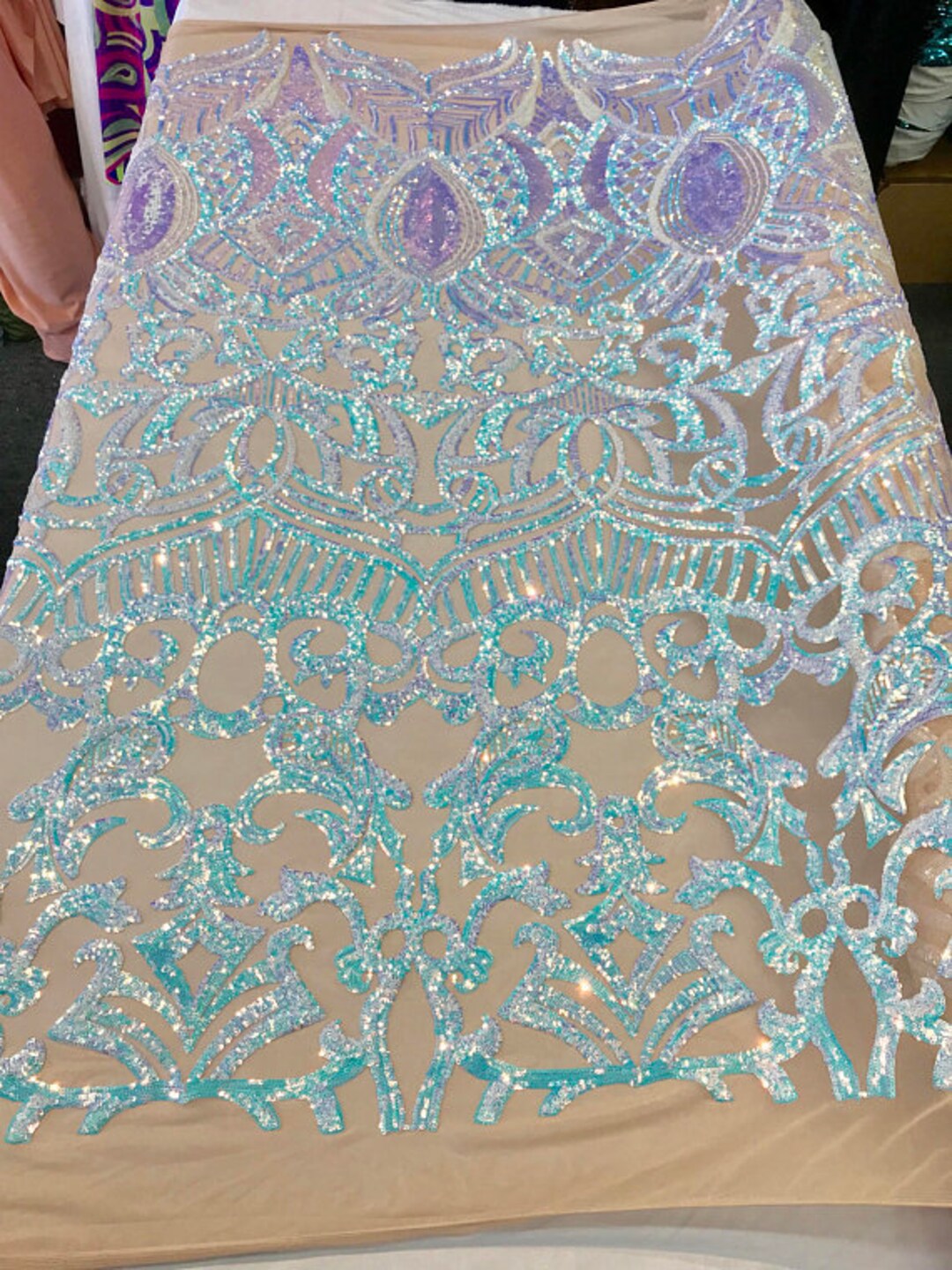 Geometric Pearl Sequins on Power Mesh Fabric Iridescent by the Yard ...