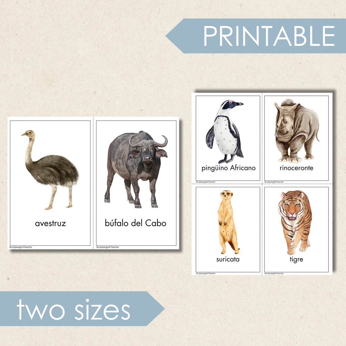 Spanish Safari Animals Flash Cards, Educational Printable Cards ...