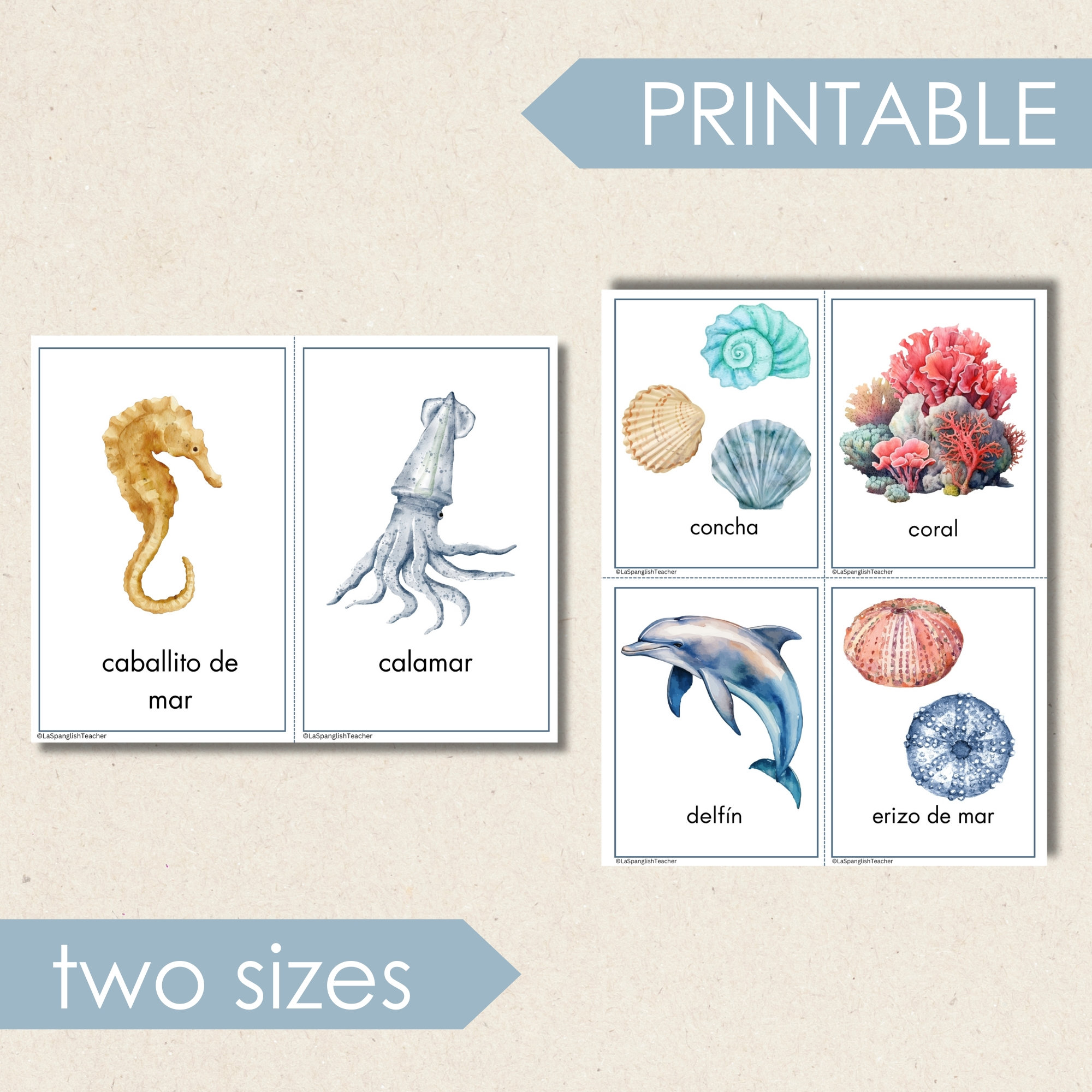 Spanish Ocean Animals Printable Flashcards, Educational Cards, Spanish ...