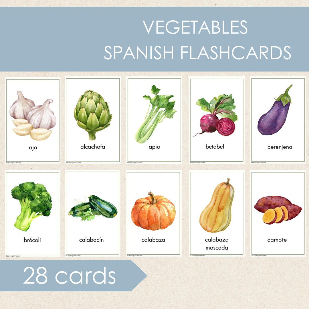 Spanish Vegetables Flashcards, Educational Printable Cards, Spanish ...