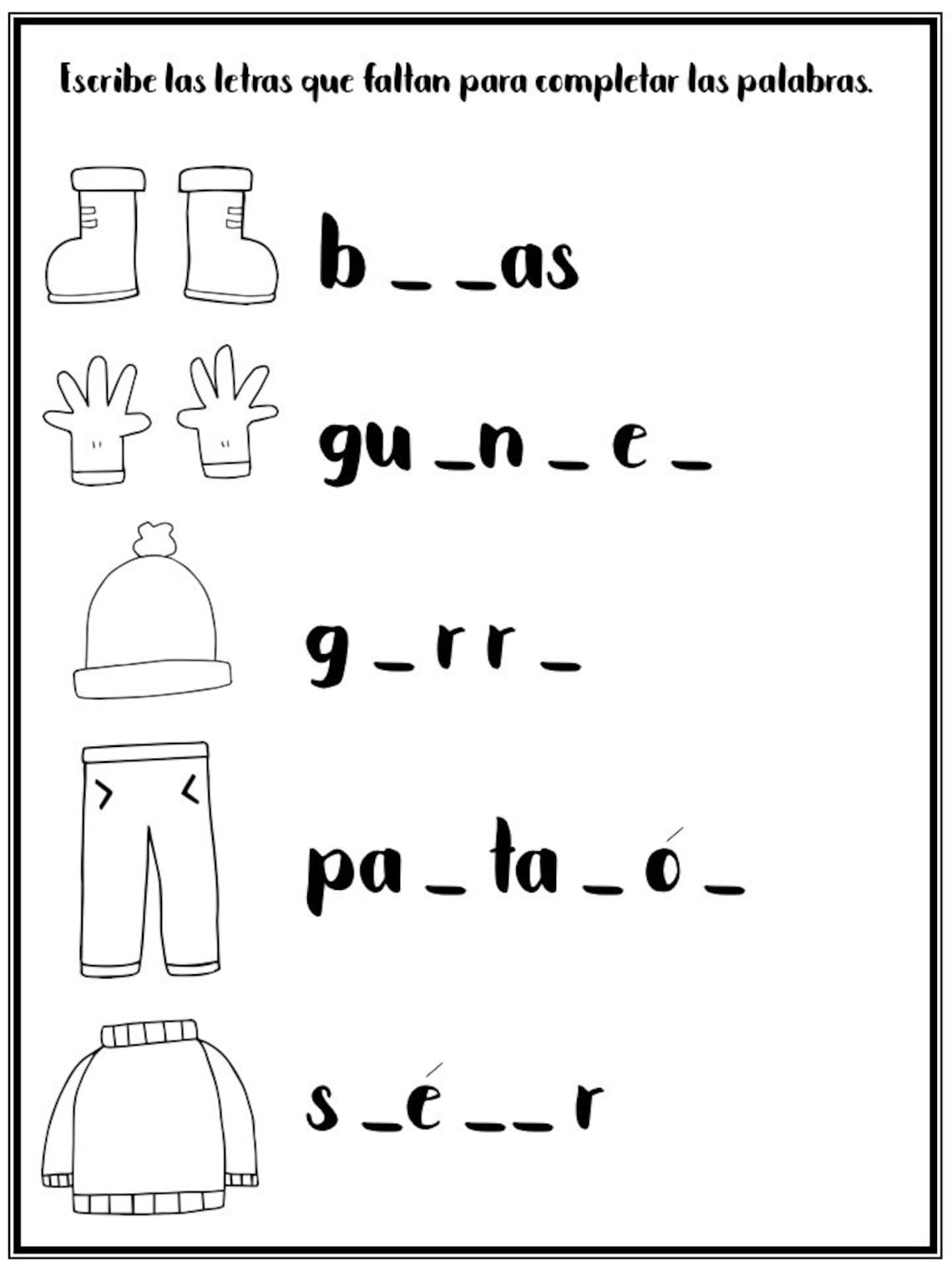 Spanish Winter Clothes Printable Activity Pack, Preschool Spanish ...