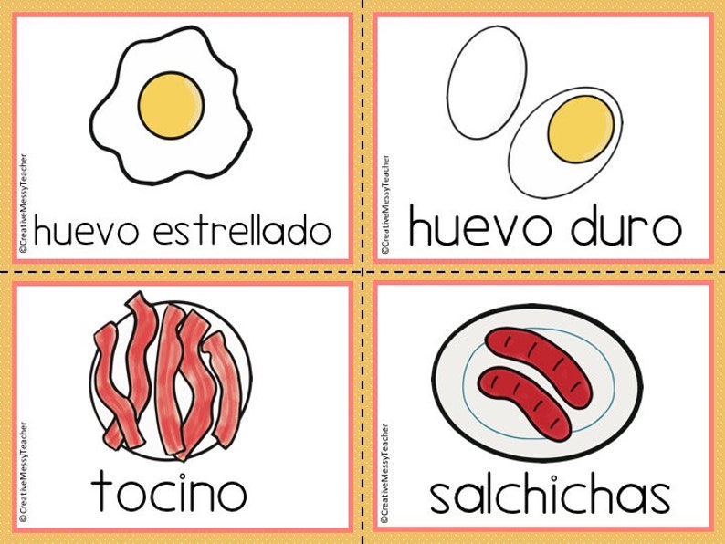 Spanish Breakfast Vocabulary Printable Flashcards, Spanish Word Wall ...