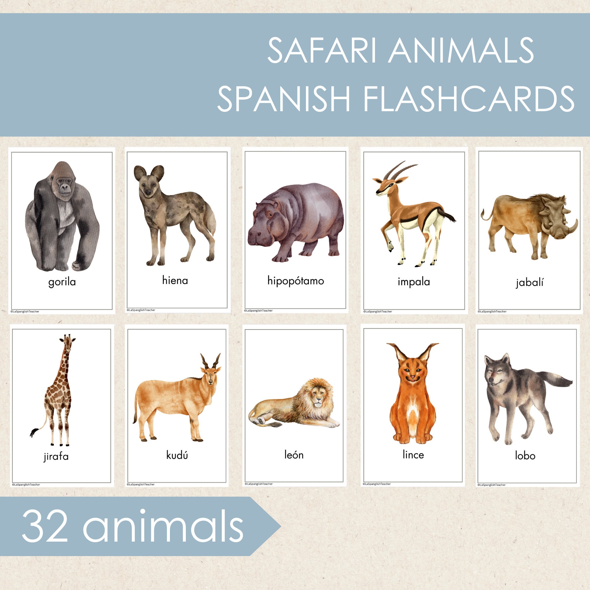 Spanish Safari Animals Flash Cards, Educational Printable Cards ...