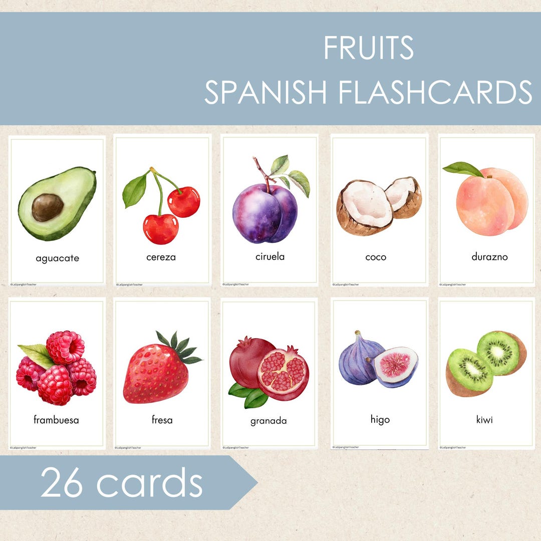 Spanish Fruits Flashcards, Educational Printable Cards, Spanish ...