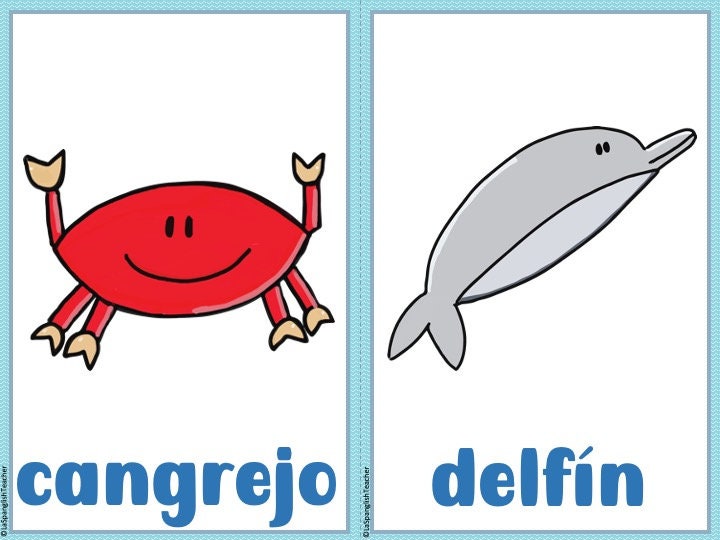 Spanish Sea Animals Printable Flashcards, Spanish Animal Vocabulary ...