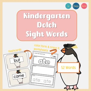 Kindergarten Dolch Sight Words Flashcards and Worksheets, Vocabulary ...