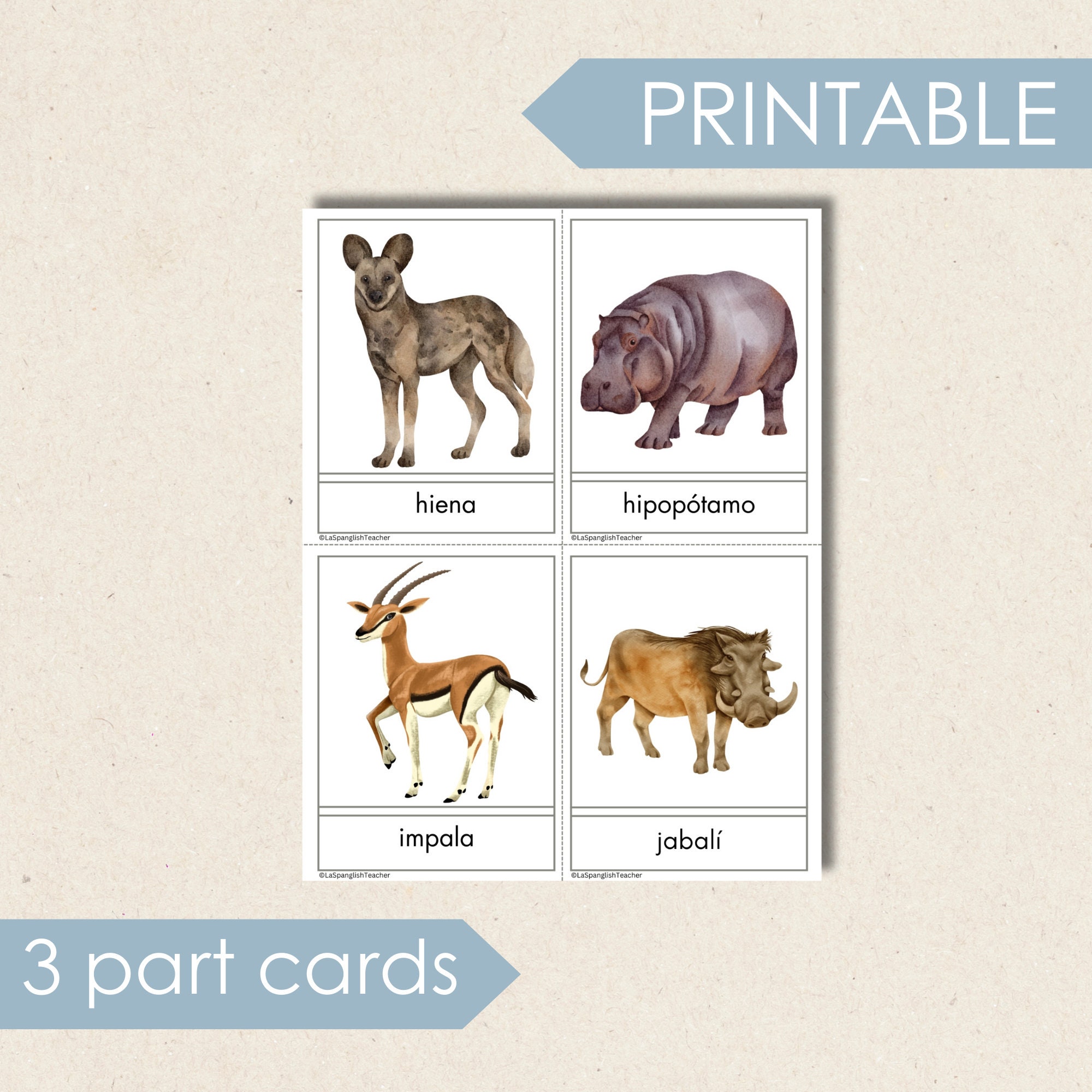Spanish Safari Animals Flash Cards, Educational Printable Cards ...