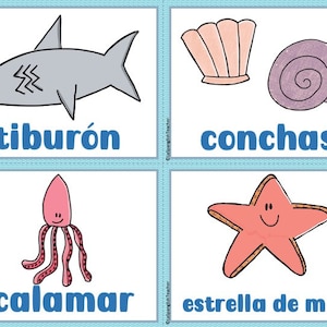 Spanish Sea Animals Printable Flashcards, Spanish Animal Vocabulary ...