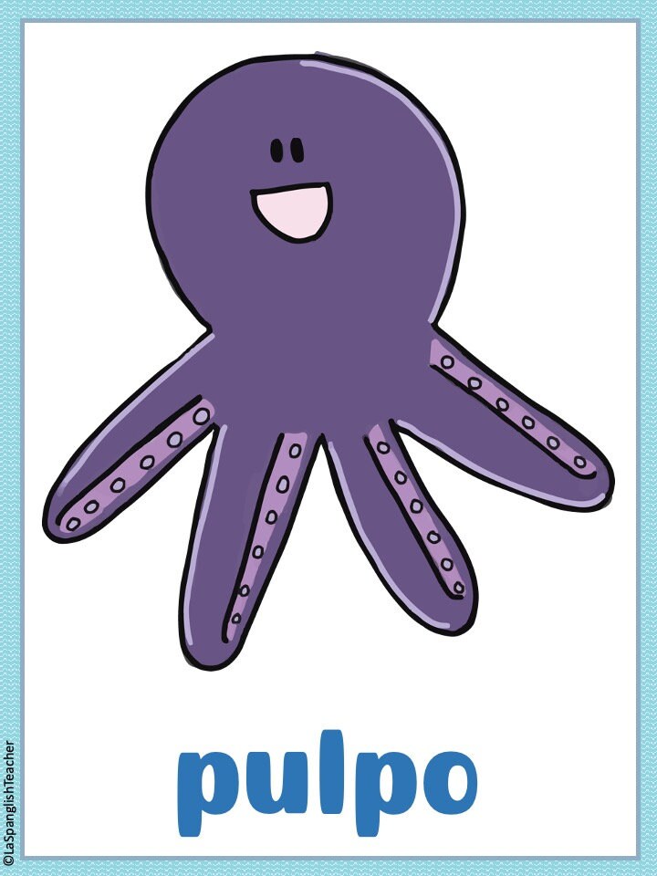 Spanish Sea Animals Printable Flashcards, Spanish Animal Vocabulary ...
