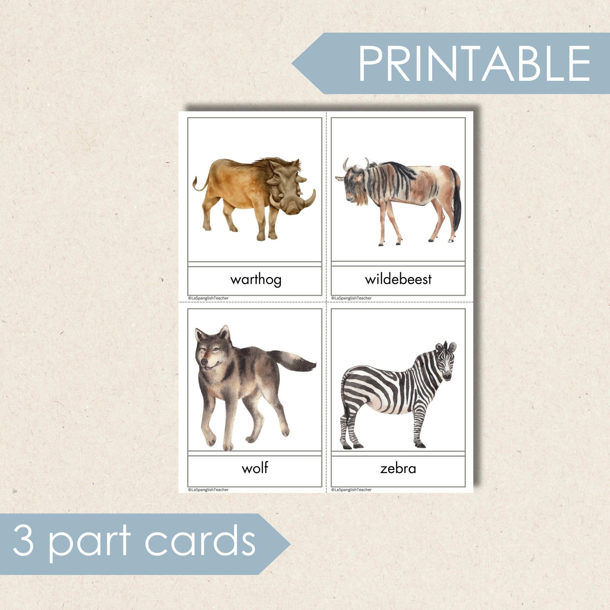 Safari Animals Flash Cards, Educational Printable Cards, Animals ...