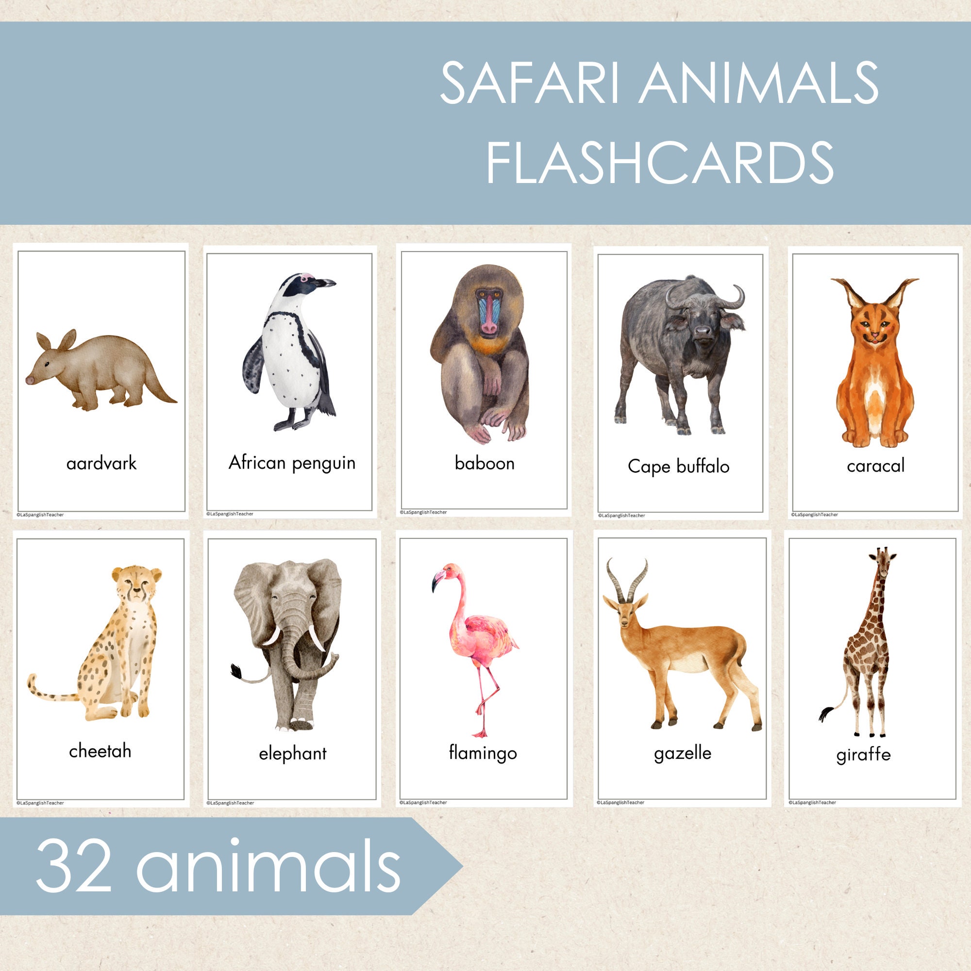 Safari Animals Flash Cards, Educational Printable Cards, Animals ...