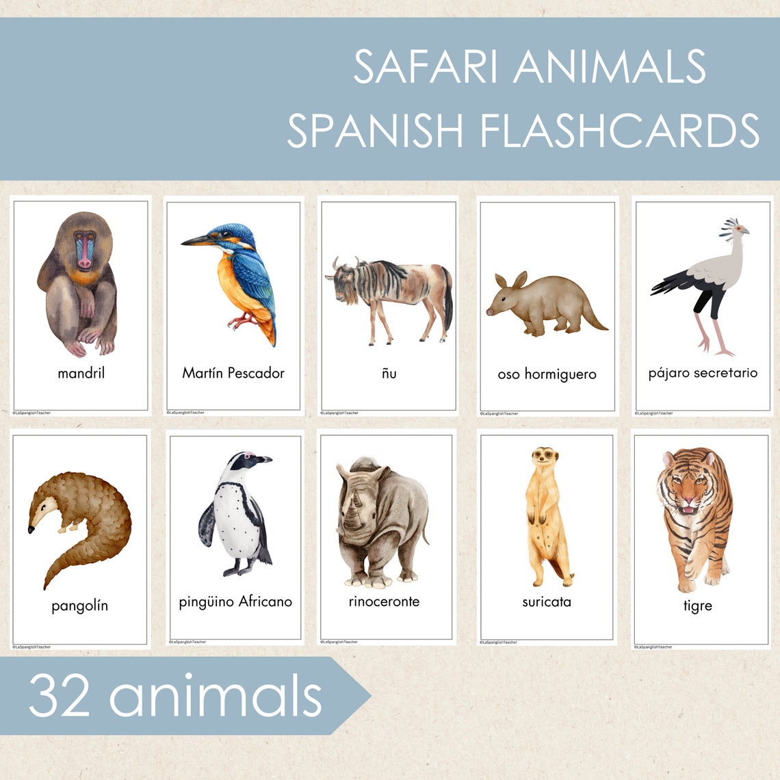 Spanish Safari Animals Flash Cards, Educational Printable Cards ...