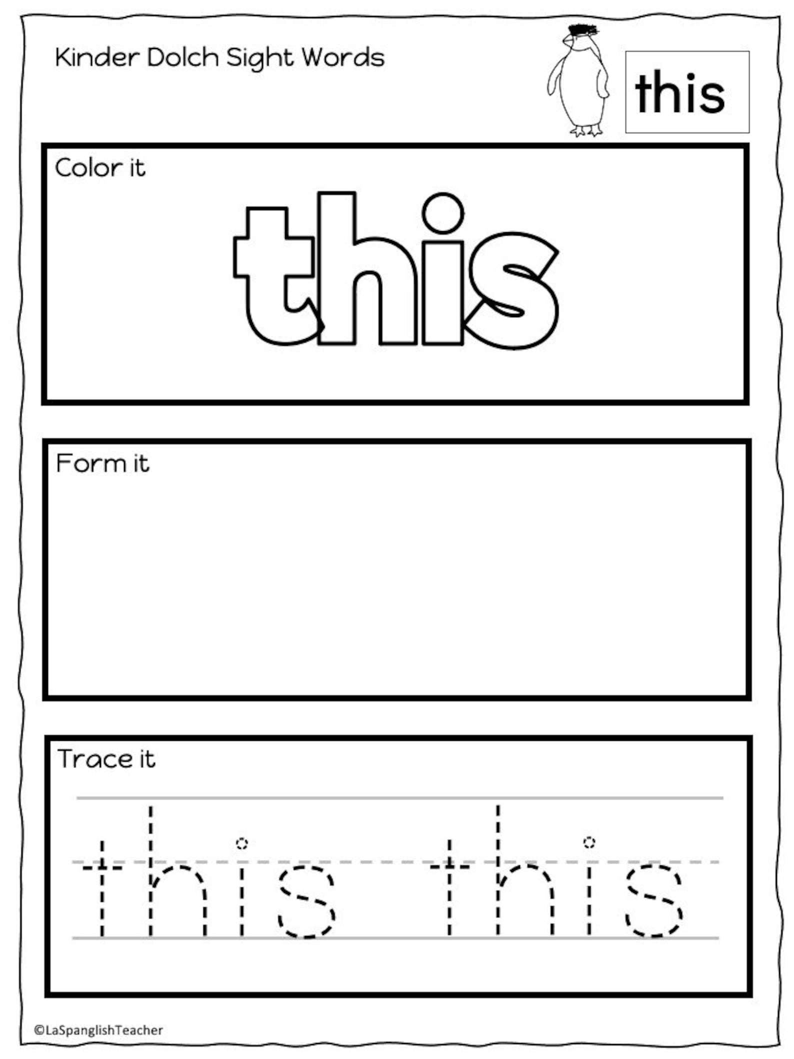 Kindergarten Dolch Sight Words Flashcards and Worksheets, Vocabulary ...