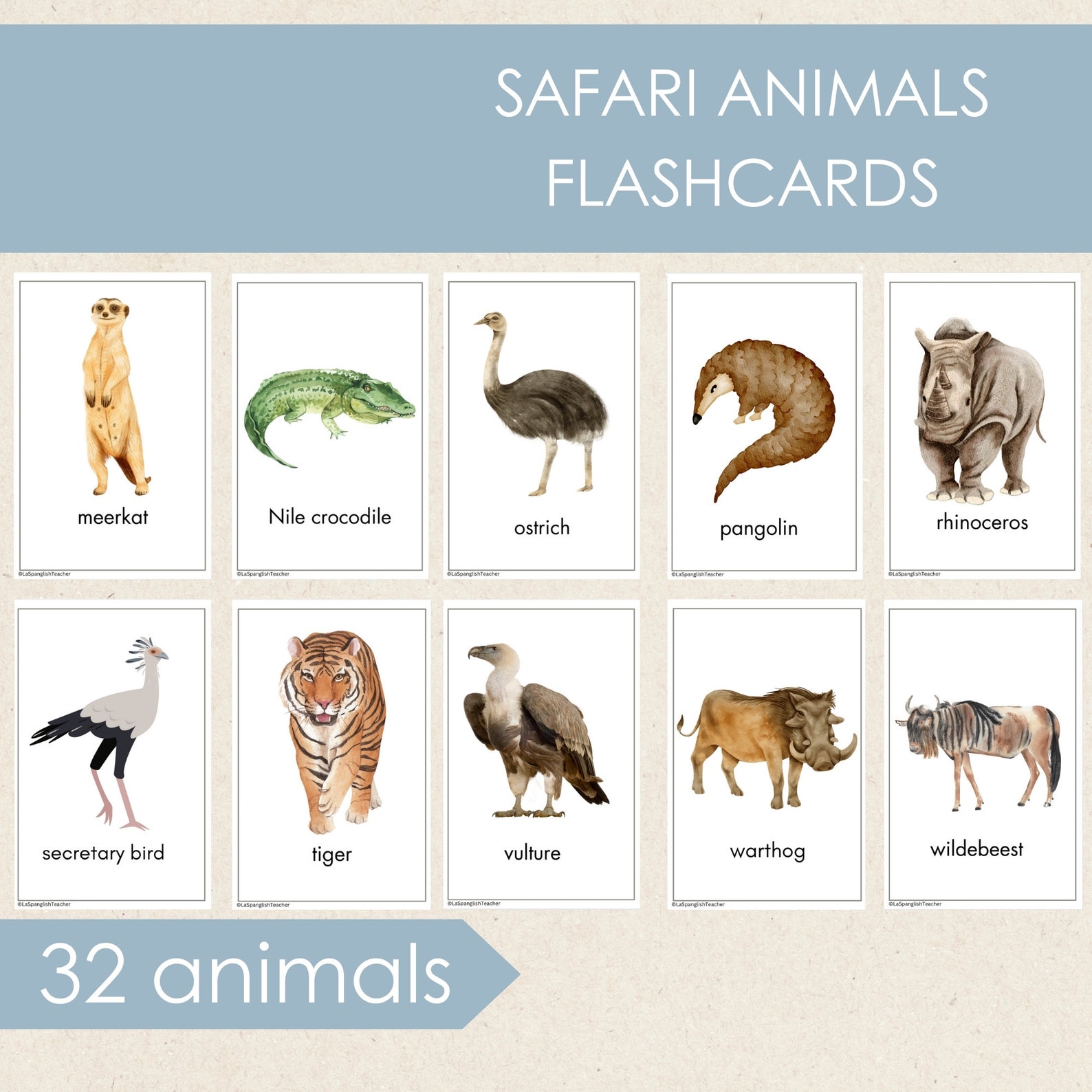 Safari Animals Flash Cards, Educational Printable Cards, Animals ...