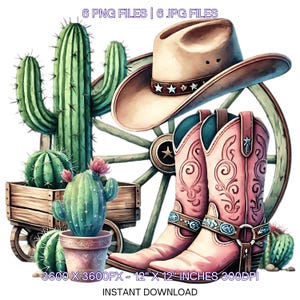 Cowgirl Clipart: Watercolor Boots, Hat, Cactus (PNG JPG Digital ...