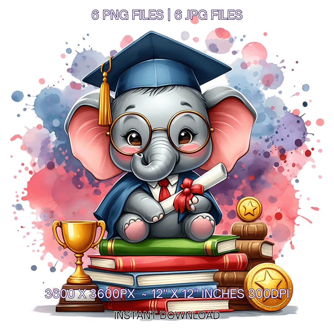 Graduation Elephant Clipart: Kindergarten Graduate PNG JPG (digital ...