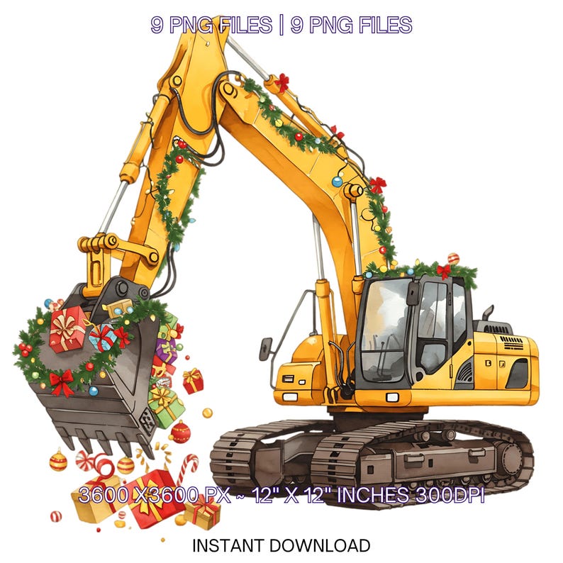 Watercolor Christmas Excavator Clipart – Santa Digger Graphics (PNG ...