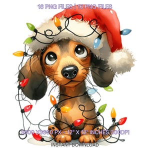 16 Cute Dachshund Puppy Dog With Santa Hat and Christmas Lights Clip ...