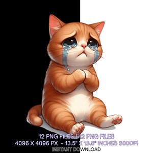 Crying Cat Watercolor Clipart: PNG Graphics Bundle (digital Download ...
