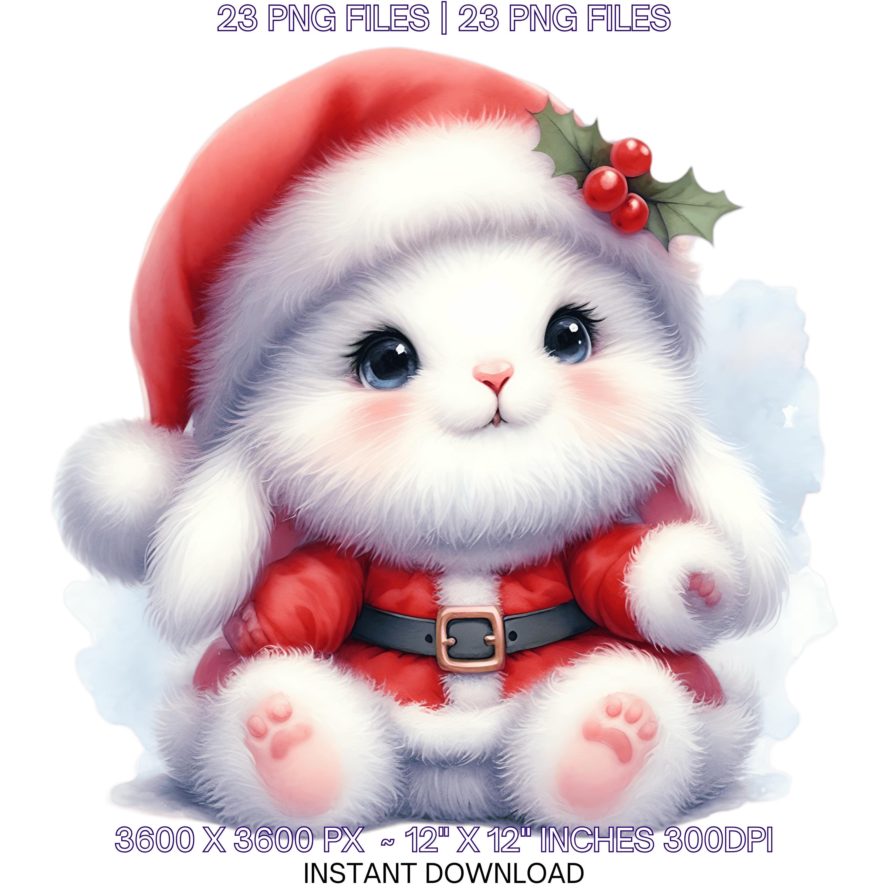 Christmas Bunny Clipart, Fluffy White Rabbit in Santa Suit (PNG, JPG ...