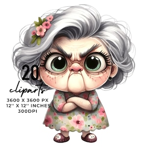 20 Grumpy Old Lady Clip Art PNG Quirky Frazzled Old Woman Whimsical ...