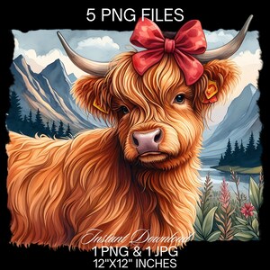 Highland Cow Watercolor Clipart PNG | 5 Mountains Highland Cattle Red ...
