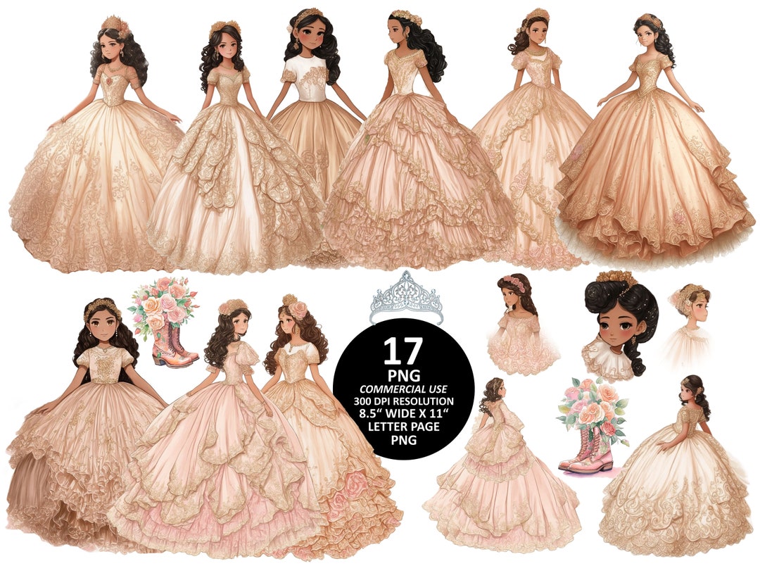 Watercolor Rose Gold Quinceañera Princess Dresses, Princess Tiara PNG ...