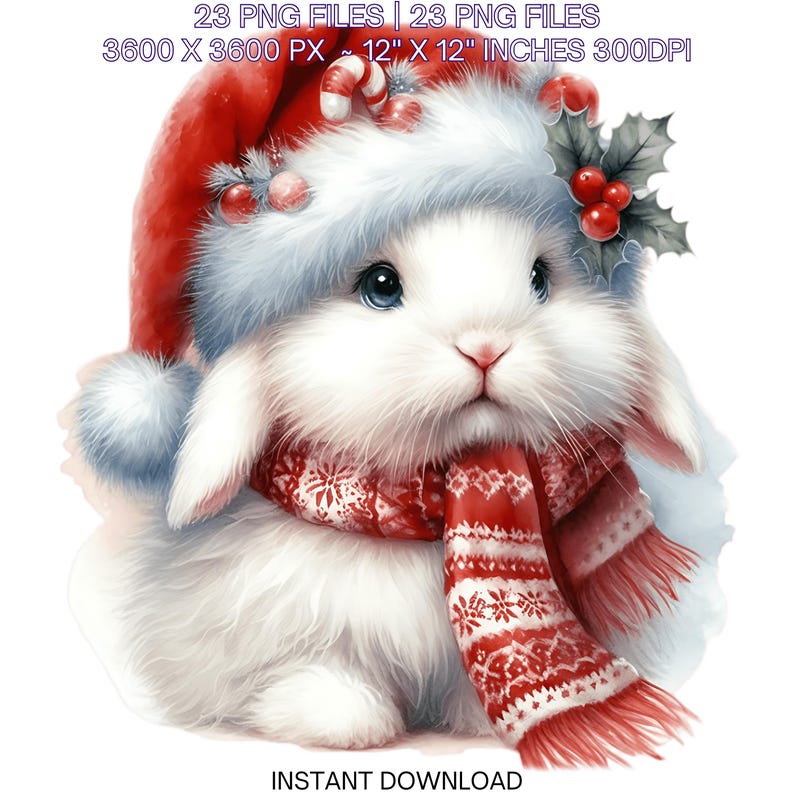 Christmas Bunny Clipart, Fluffy White Rabbit in Santa Suit (PNG, JPG ...