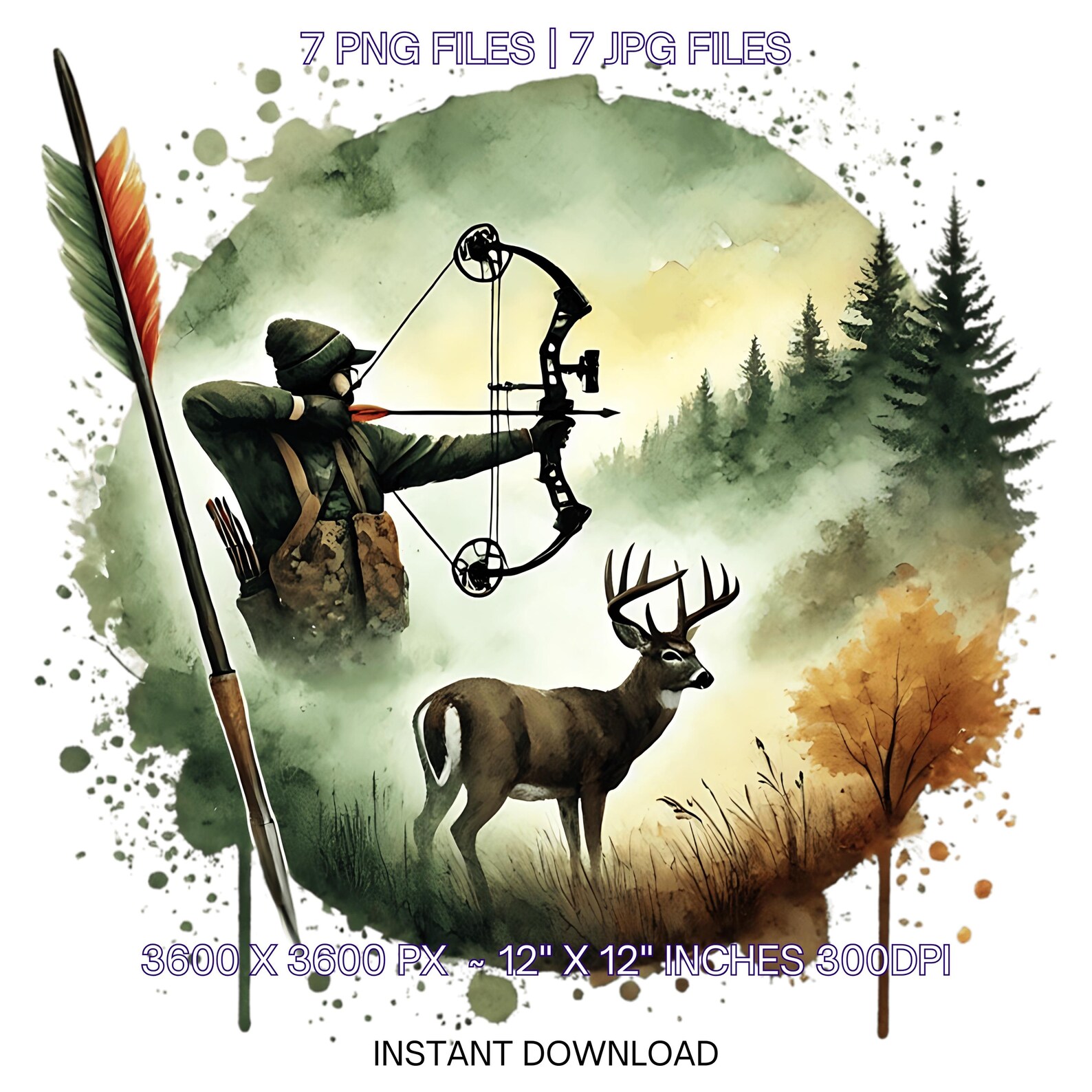 Watercolor Bow Hunting Clipart: Deer Sublimation PNG Bundle (digital ...