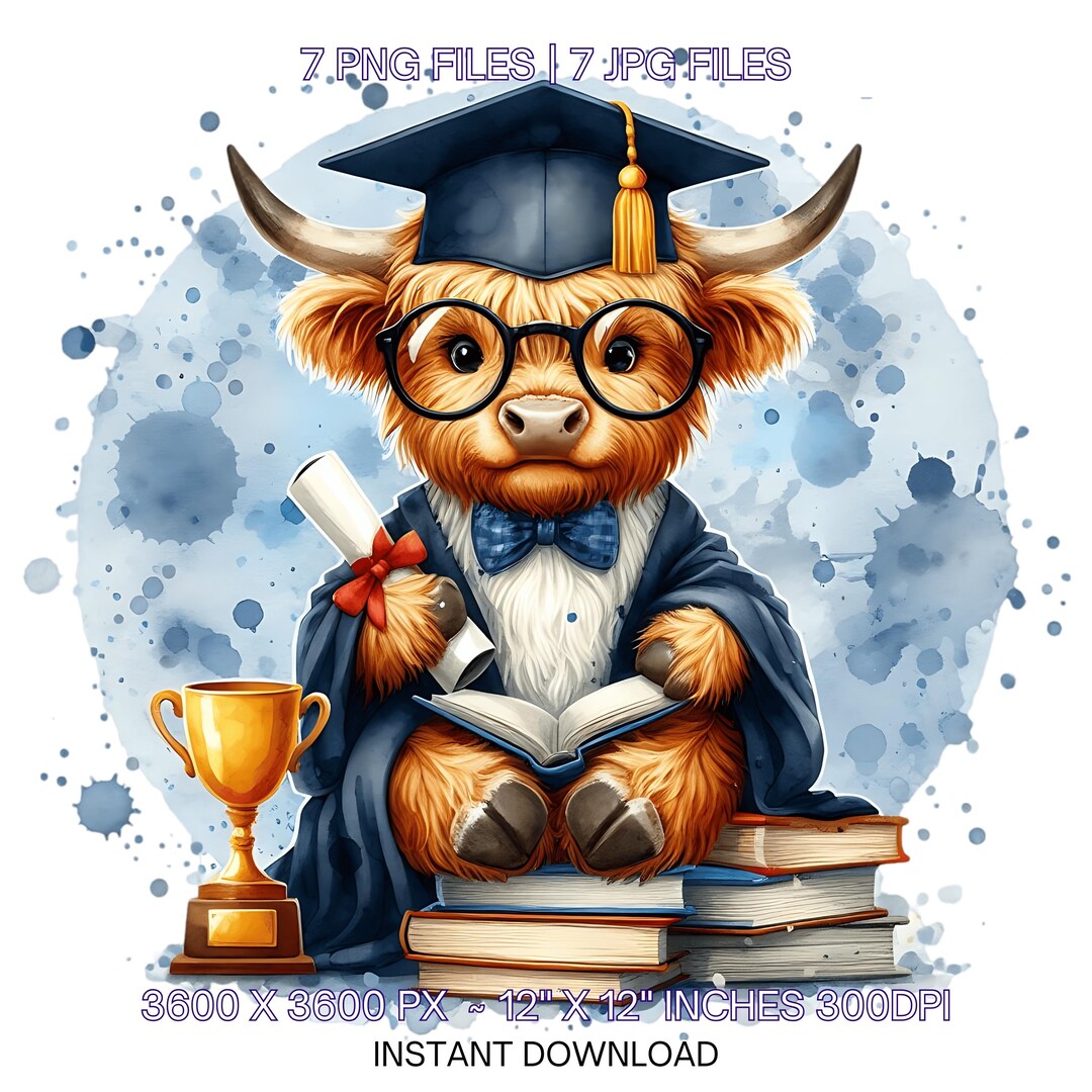 Kindergarten Highland Cow Wearing Cap Holding a Diploma PNG ...