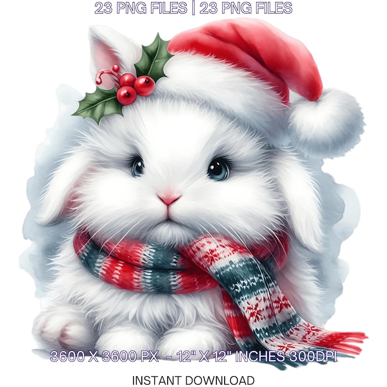Christmas Bunny Clipart, Fluffy White Rabbit in Santa Suit (PNG, JPG ...