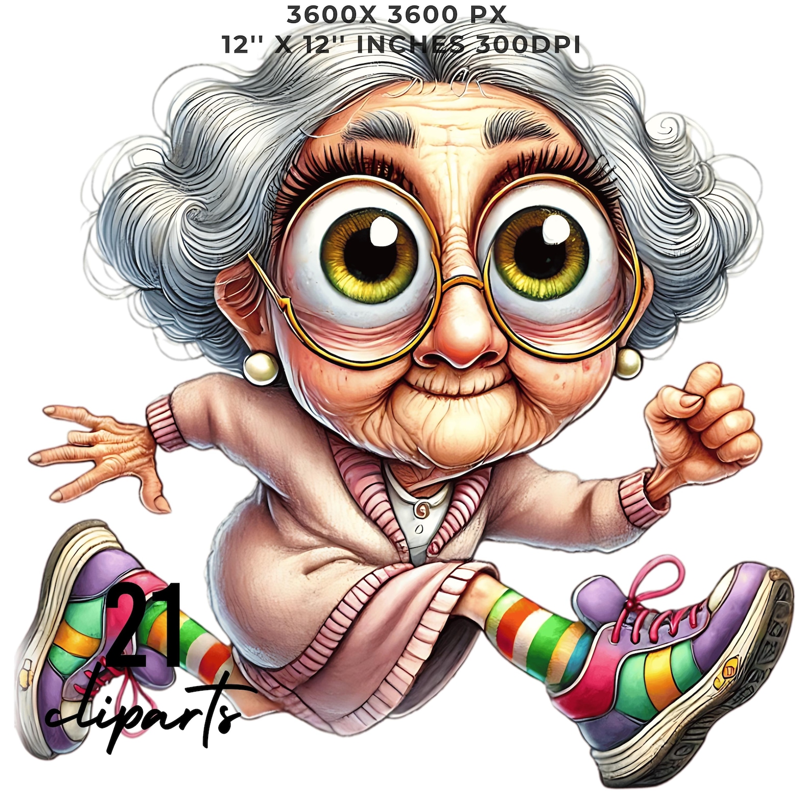 Funny Grandma Running Clipart: Quirky Old Lady Cartoon (PNG, JPG) - Etsy