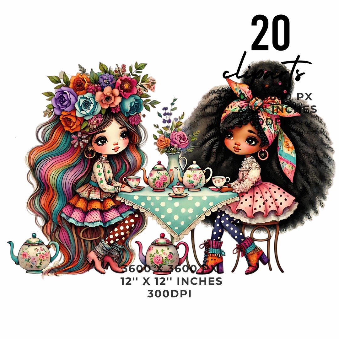 Afternoon Tea Girls Clip Art, Watercolor Whimsical PNG (digital ...