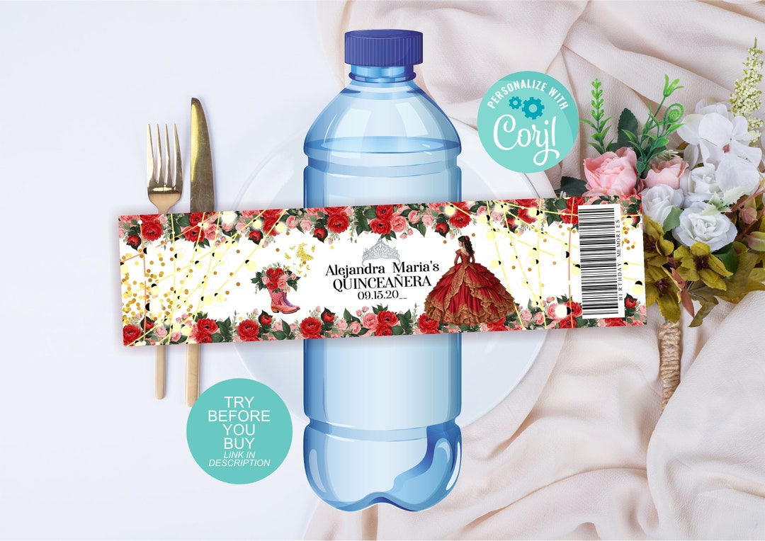 Red Gold Quinceanera Water Bottle Label Princess Tiara Quince - Etsy