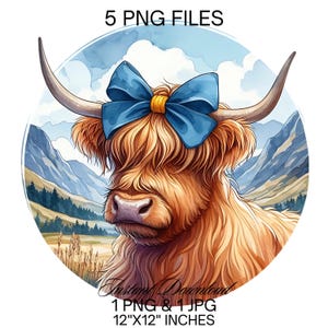 Highland Cow Watercolor Clipart PNG | 5 Mountains Highland Cattle Blue ...