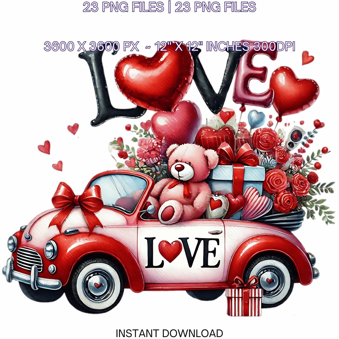Watercolor Valentine Car Clipart: Love Cabriolet PNG (digital Download ...