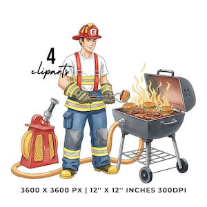 Firefighter BBQ Clipart: Grill Fireman PNG & JPG (12x12" 300DPI) - Etsy